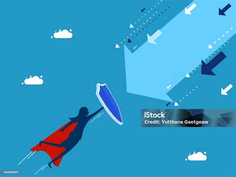 위기로부터 궁극적인 보호 화살 공격에 맞서 방어하는 비행 방패를 들고 있는 여자 영웅 경제에 대한 스톡 벡터 아트 및 기타 이미지 경제 구조 그래프 Istock