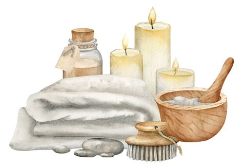 수건 유리병 박격포가 있는 스파 화장품 피부 관리 살롱을 위한 손으로 그린 수채화 그림 고립된 배경에 촛불이 있는 바디케어 미용 제품 마사지용 에코 브러쉬 0명에 대한 스톡