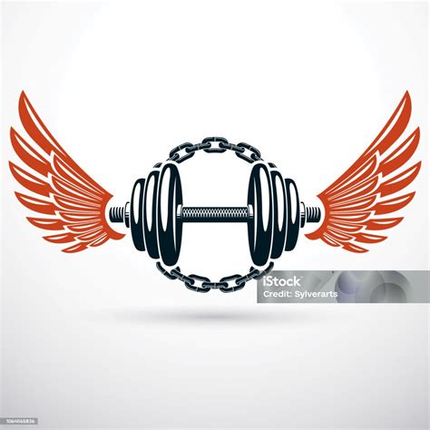 아령 및 날개 그림을 벡터 철 사슬에 의해 포위 합니다 피트 니스 운동 그리고 스포츠 장비를 해제 전원입니다 Championship에 대한 스톡 벡터 아트 및 기타 이미지