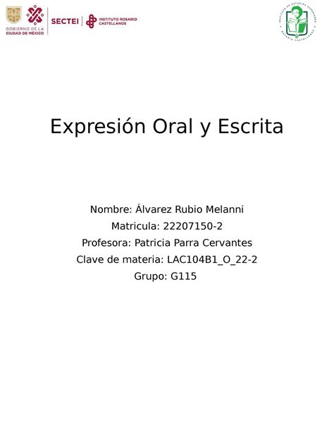 Ensayo Comunicacion Expresión Oral Y Escrita Nombre Álvarez Rubio