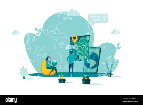 Gps Navigation Concept In Flat Style Man Uses Gps Navigator Scene