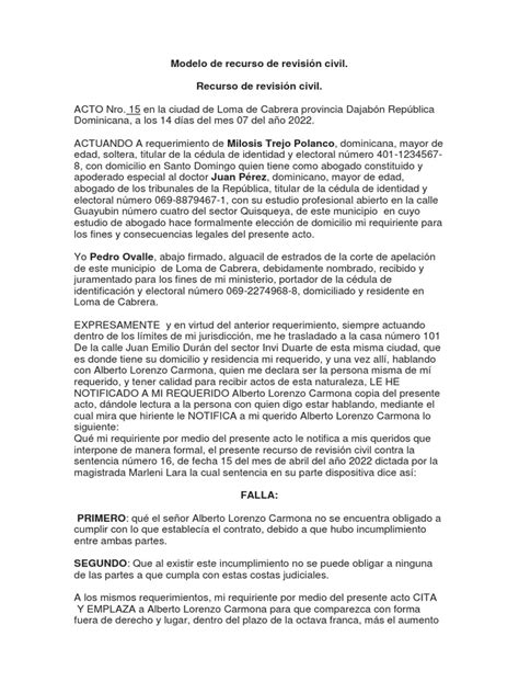 Modelo De Recurso De Revisión Civil Pdf Sentencia Ley Justicia