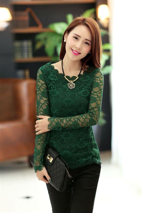 2015 New Sexy Lace Long Sleeve Shirt Woman Tops Fashion Casual Women