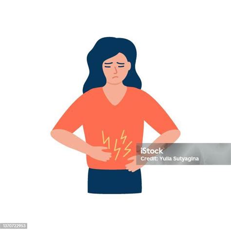 여성의 뱃속에 통증 건강 문제 위장 통증 배에 손을 잡고 복통을 겪고 있는 소녀 생리 기간 동안 복통 설사 또는 변비 벡터 위통에 대한 스톡 벡터 아트 및 기타 이미지
