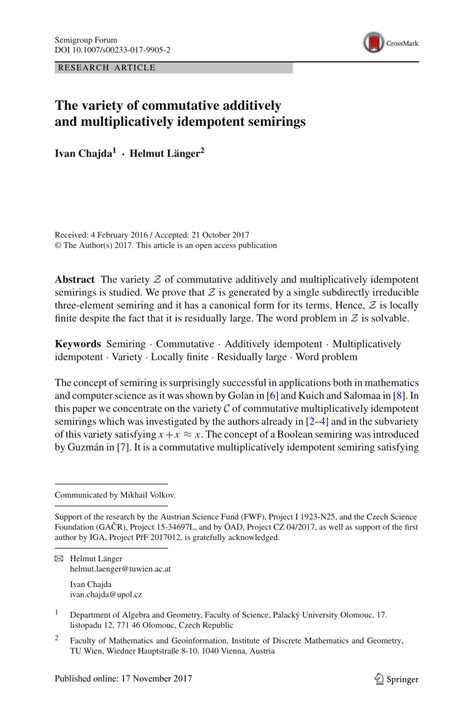 Pdf The Variety Of Commutative Additively And Multiplicatively Idempotent Semirings