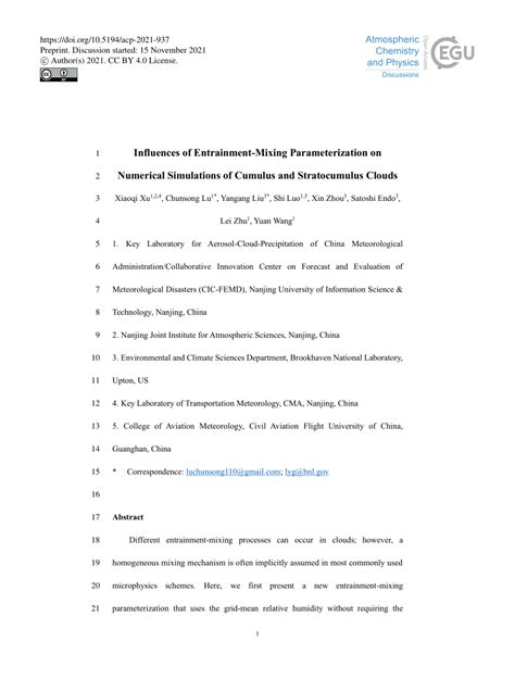 Pdf Influences Of Entrainment Mixing Parameterization On Numerical Simulations Of Cumulus And