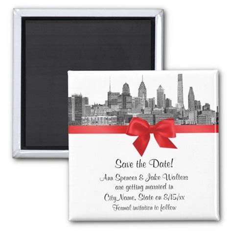 Philadelphia Skyline Etch Bw Red Save The Date Magnet Zazzle Save