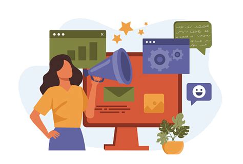 디지털 마케팅 및 광고 개념 사람들은 새로운 고객과 온라인 프로모션을 유치 블로깅 웹 사이트 모바일 앱 홍보 자료에 대한 벡터
