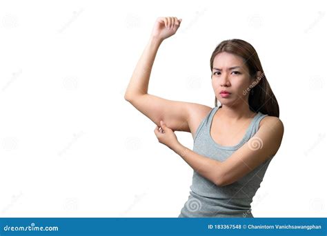 Asian Woman Pinching Arm Fat Flabby Skin Isoloate On White Background