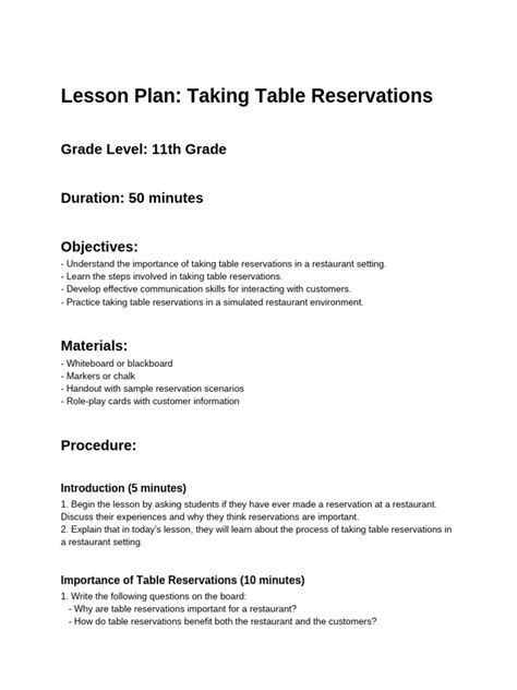 Lesson Plan Table Reservation Fbs 2024 25 Pdf