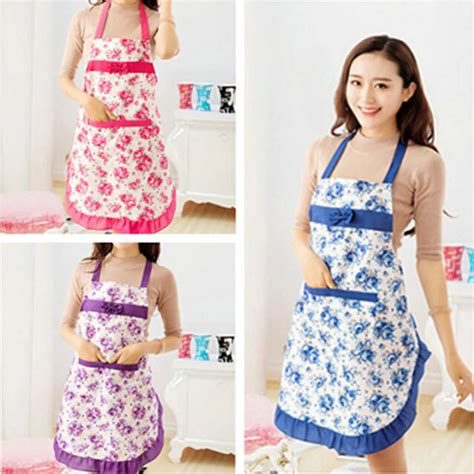 Hot Sale Waist Floral Waterproof Aprons Womens Housewife Convenient
