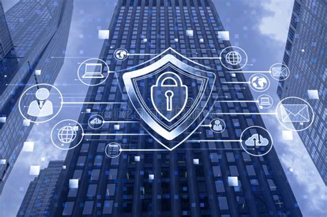 Creative Glowing Padlock Hologram On City Backdrop With Various Icons