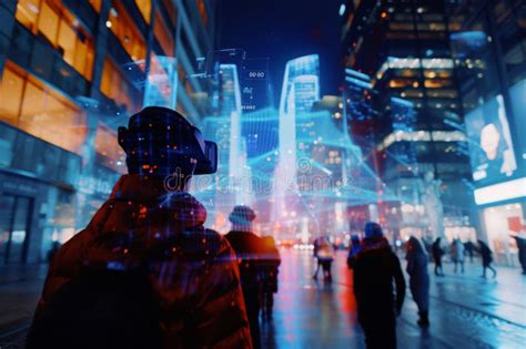Person Wearing Vr Headset On City Street With Futuristic Digital