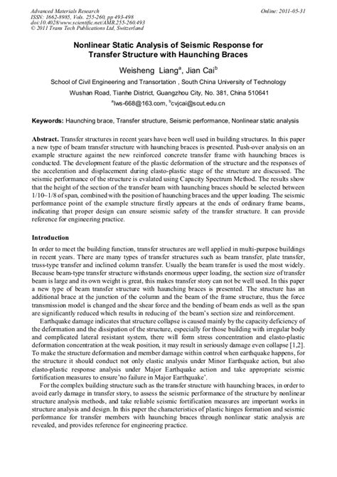 Nonlinear Static Analysis Of Seismic Response For Transfer Structure With Haunching Braces