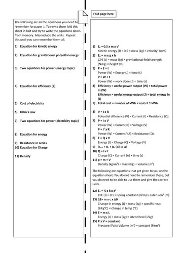 Physics Paper 1 Equations Revision Sheet Including Separate By