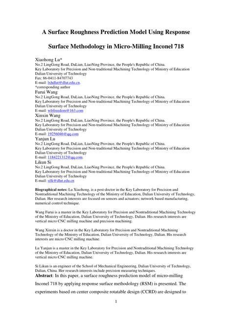 Pdf A Surface Roughness Prediction Model Using Response Surface Methodology In Micro Milling