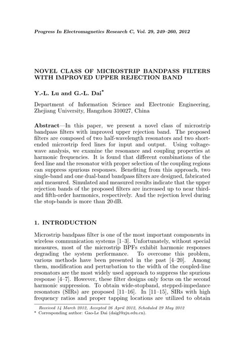 Pdf Novel Class Of Microstrip Bandpass Filters With Improved Upper Rejection Band
