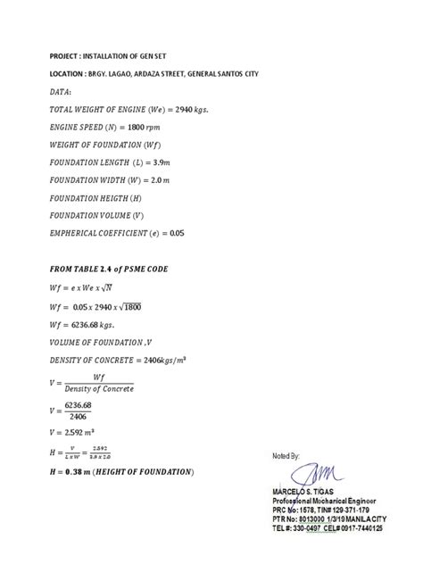 Engine Foundation Computation Sample Pdf