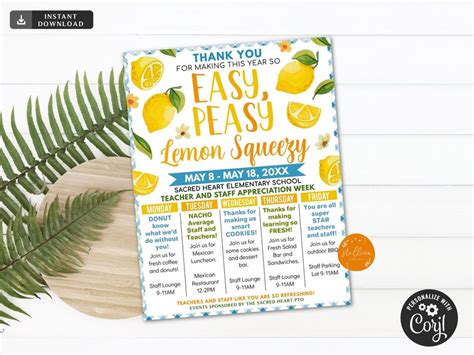 Editable Teacher Appreciation Week Itinerary Easy Peasy Lemon Etsy