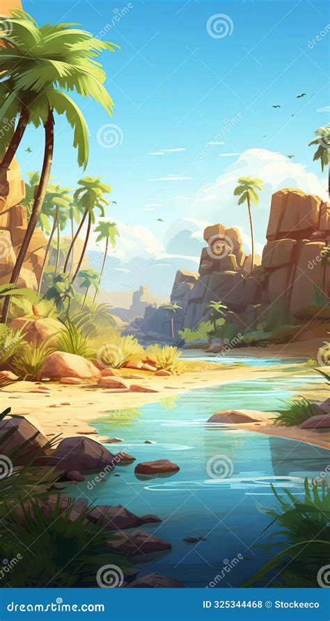 Vibrant Desert Oasis In Rough Edged 2d Animation Style Stock