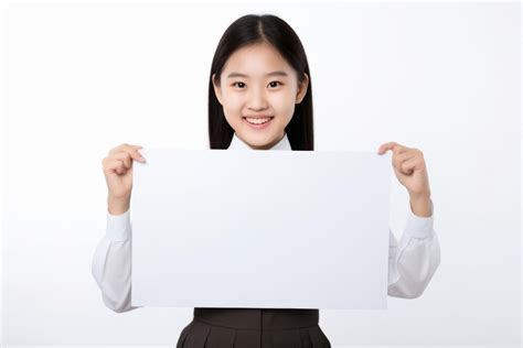 Premium Photo Happy Asian Scholl Girl Holding Blank White Banner Sign