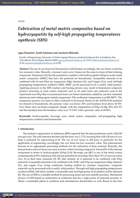 Pdf Fabrication Of Metal Matrix Composites Based On Hydroxyapatite By