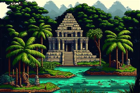 Premium AI Image Pixel Art Mayan Temple Ancient Mayan Pyramid In The Forest Background In