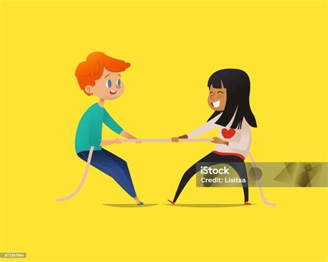 빨강 머리 소년과 어두운 머리 걸 반대 당기 밧줄의 끝 다른 성별의 아이 사이 줄다리기 경연 어린이 위한 스포츠 게임 또는 경쟁