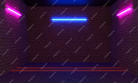 발광 스포트라이트 및 빈 디스플레이 플랫폼 3d 렌더링이 있는 그루지 거리 바닥의 블루퍼플 핑크 네온 조명 제품 배경 무대 또는 연단 받침대 프리미엄 사진