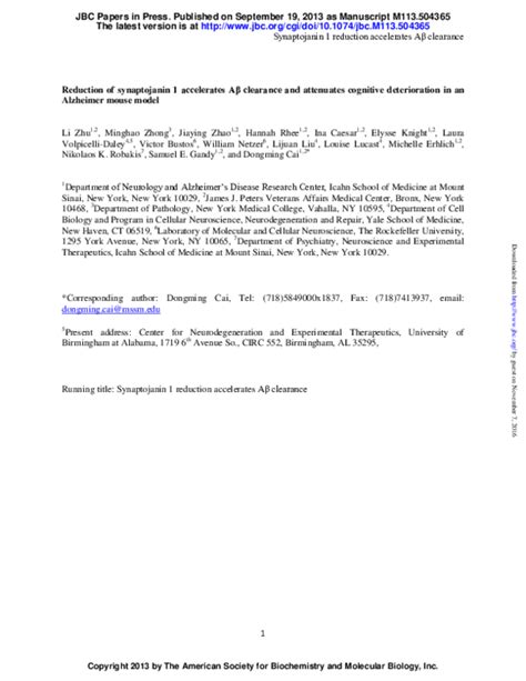 Pdf Reduction Of Synaptojanin 1 Accelerates A Clearance And Attenuates Cognitive Deterioration