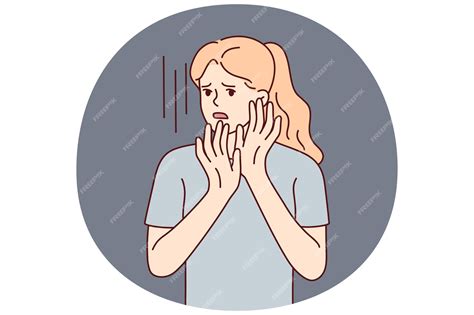 겁에 질린 젊은 여자가 손짓을 합니다 겁에 질린 느낌이나 겁에 질린 느낌 불행한 걱정 프리미엄 벡터