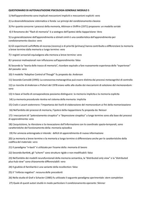 Questionario Di Autovalutazione Psicologia Generale Modulo 5