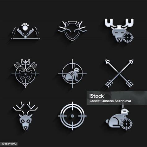 십자선 슈팅 경쟁을위한 대상 스포츠 교차 화살표 사슴 머리 뿔 사슴 사슴 사슴과 트랩 사냥 아이콘토끼에 사냥을 설정합니다 벡터 검은색에 대한 스톡 벡터 아트 및 기타 이미지