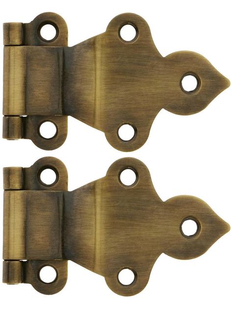 Pair Of Solid Brass Gothic Style Offset Cabinet Hinges In Antique By