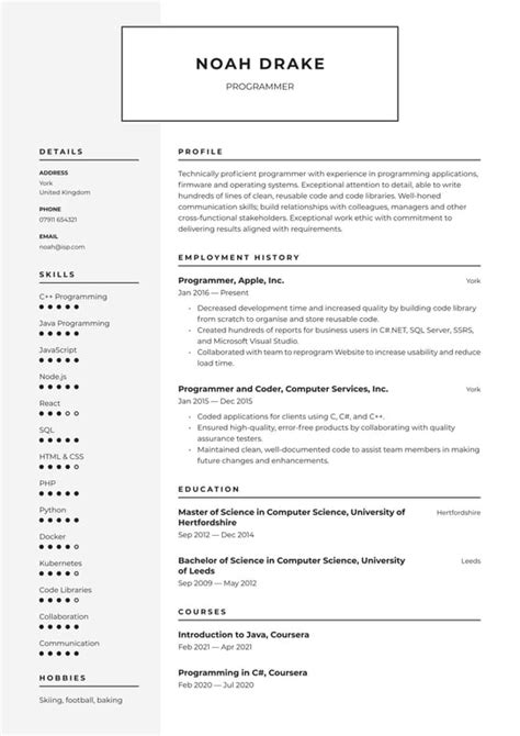 Programmer CV Examples UK Templates 2025 Resume Io