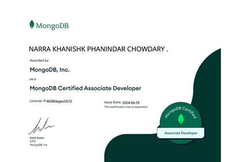 Earned Mongodb Certified Associate Developer Narra Khanishk Posted On