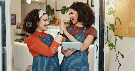 Happy Woman Waitress And High Five With Tablet For Teamwork Success