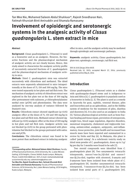Pdf Involvement Of Opioidergic And Serotonergic Systems In The
