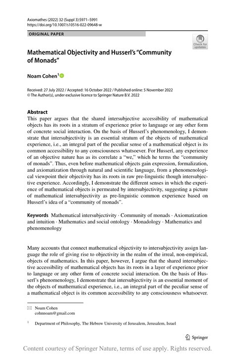 Mathematical Objectivity And Husserls “community Of Monads” Request Pdf