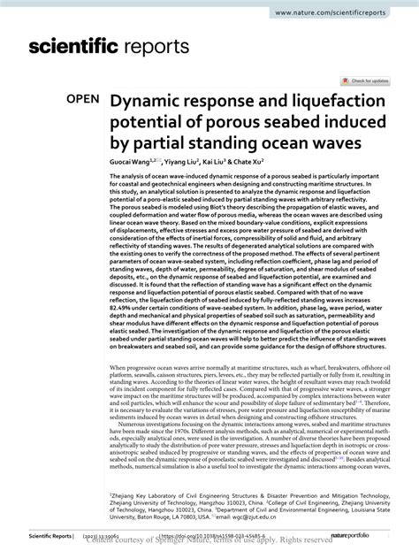 Pdf Dynamic Response And Liquefaction Potential Of Porous Seabed
