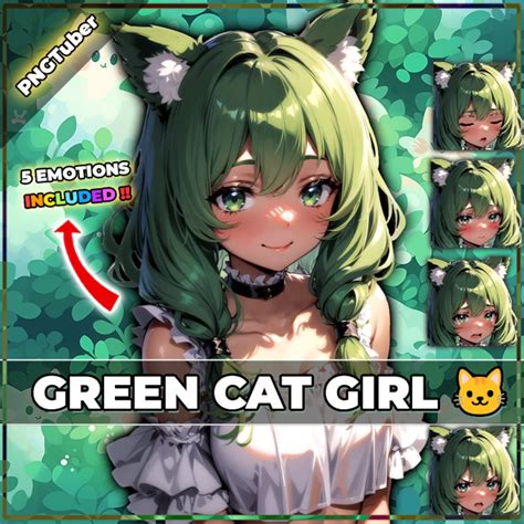Pngtuber Green Neko Cat Girl 2d Vtuber Premade And Presetup Model With 5 Expressions Ready For