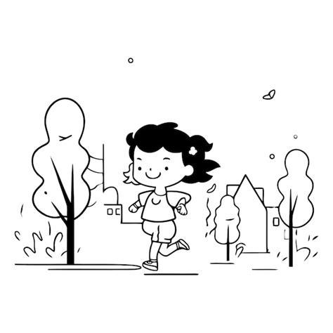 공원에서 만화 스타일로 달리는 귀여운 어린 소녀 프리미엄 벡터