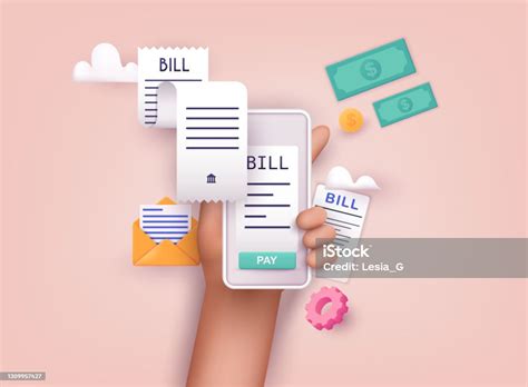지불 청구서와 함께 전화를 들고 손 유틸리티 은행 레스토랑 및 기타 지불 3d 웹 벡터 일러스트레이션 종이에 대한 스톡 벡터