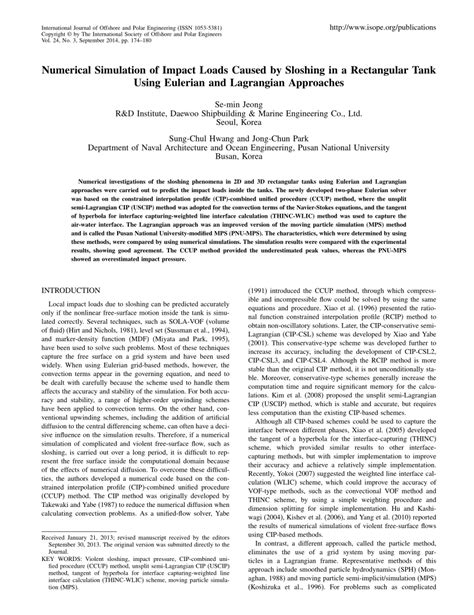 Pdf Numerical Simulation Of Impact Loads Caused By Sloshing In A Rectangular Tank Using