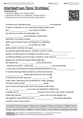 Arbeitsblatt Mit QR Code Zum Thema Aristoteles Einfache Sprache