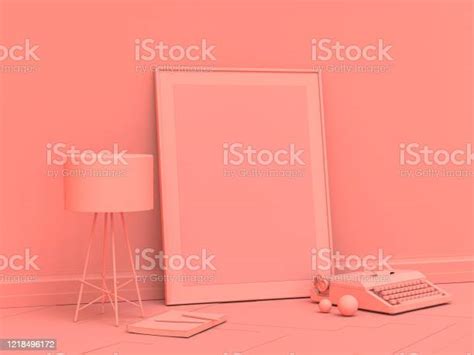 플로어 램프가 있는 단색 분홍색 방의 바닥에 단색 수직 포스터 프레임 3d 렌더링 0명에 대한 스톡 사진 및 기타 이미지 0