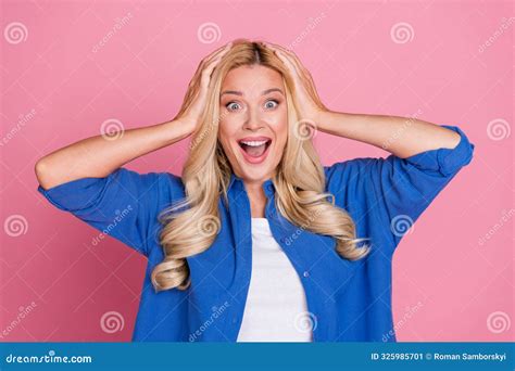 Photo Of Impressed Attractive Lady Dressed Blue Jacket Arms Head Open