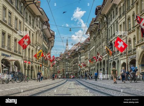 Marktgasse Low View On Tram Tracks Between Swiss Historical Houses Or