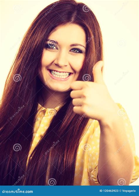 Cheerful Woman Showing Thumb Up Stock Image Image Of Happy Winning