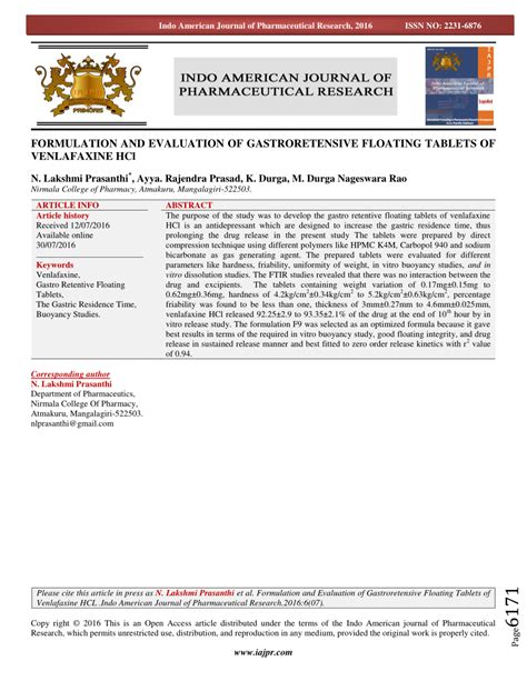 Pdf Formulation And Evaluation Of Gastroretensive Floating Tablets Of Venlafaxine Hcl